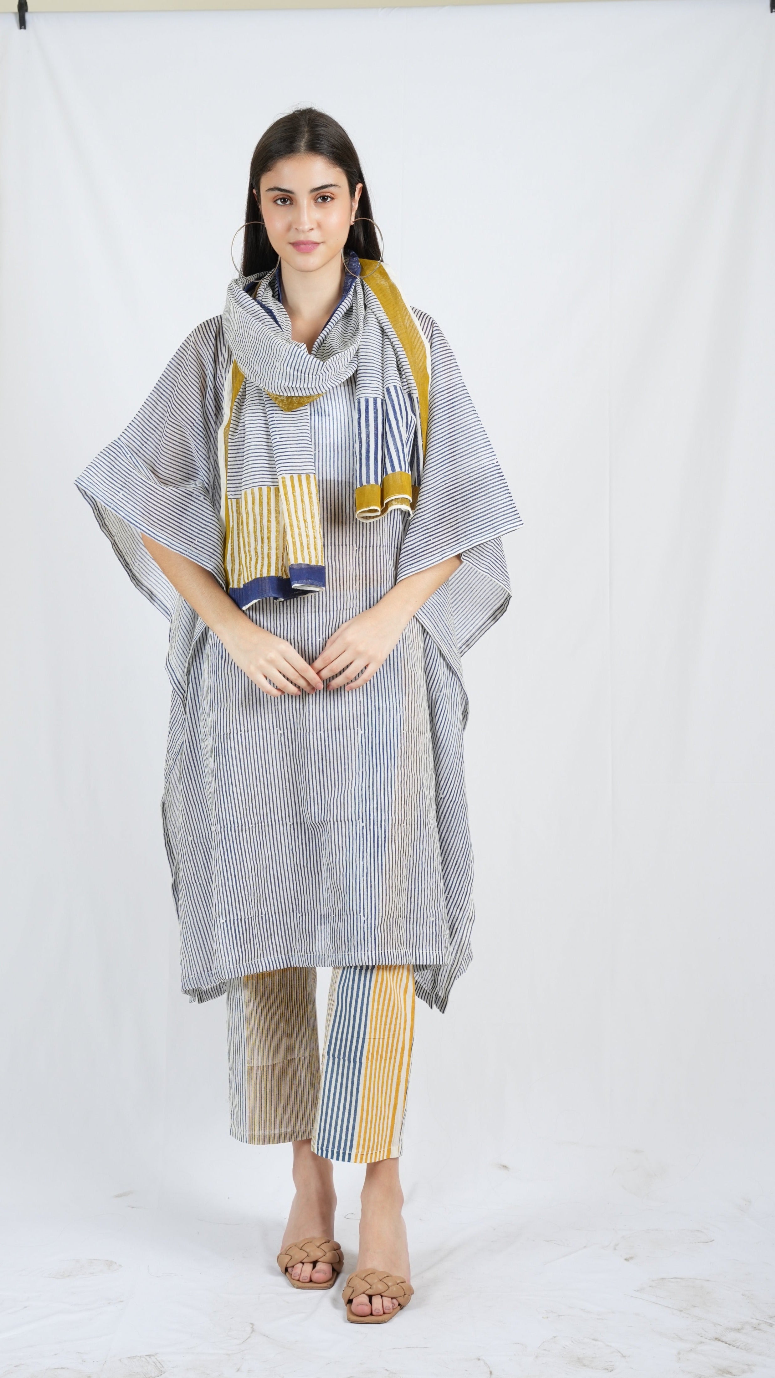 Blue Twister Pin Stripe Kaftan with Pants and Stole (Set of 3) – BANANA ...